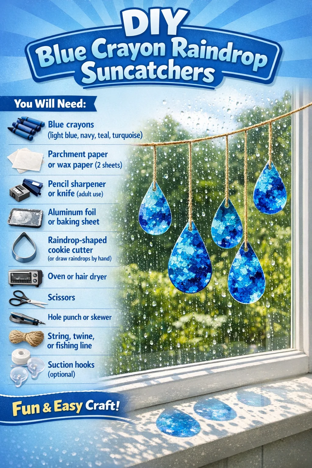 DIY Blue Crayon Raindrop Suncatchers