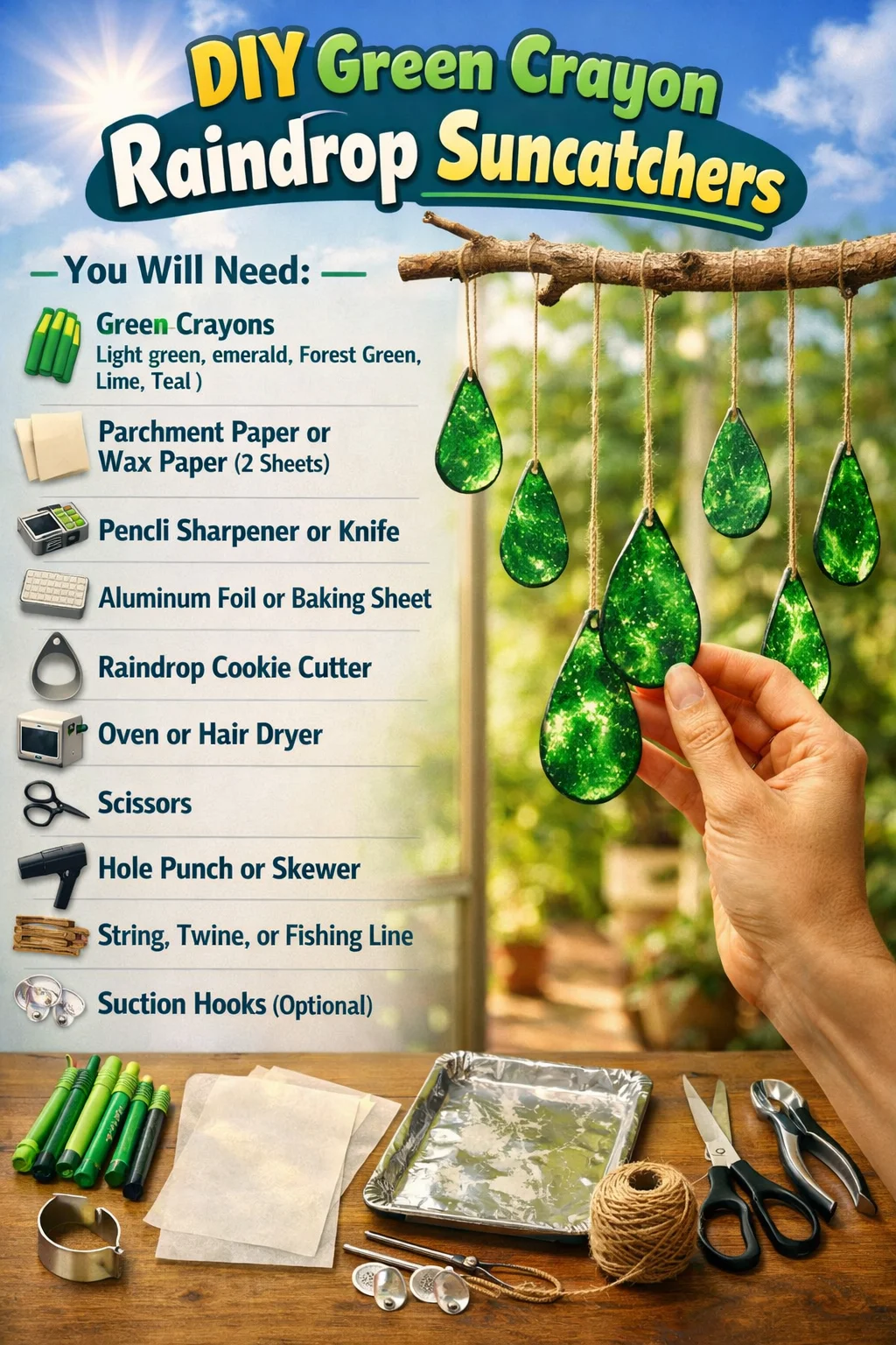 DIY Green Crayon Raindrop Suncatchers
