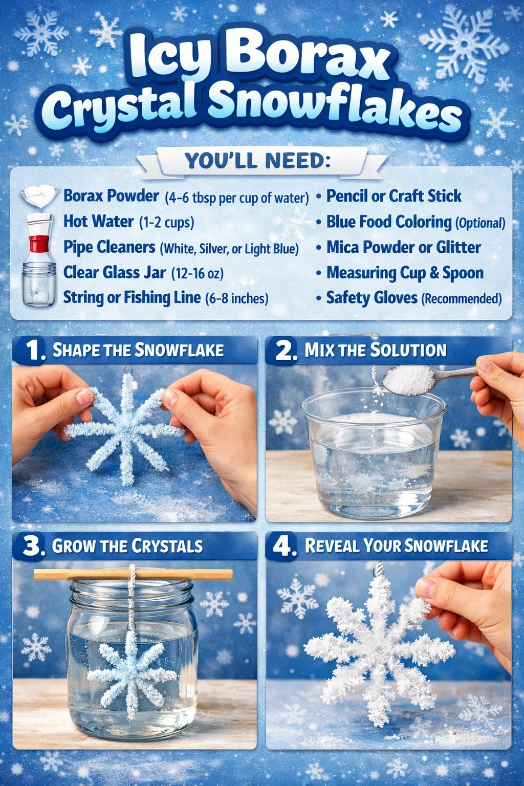 Icy Borax Crystal Snowflakes