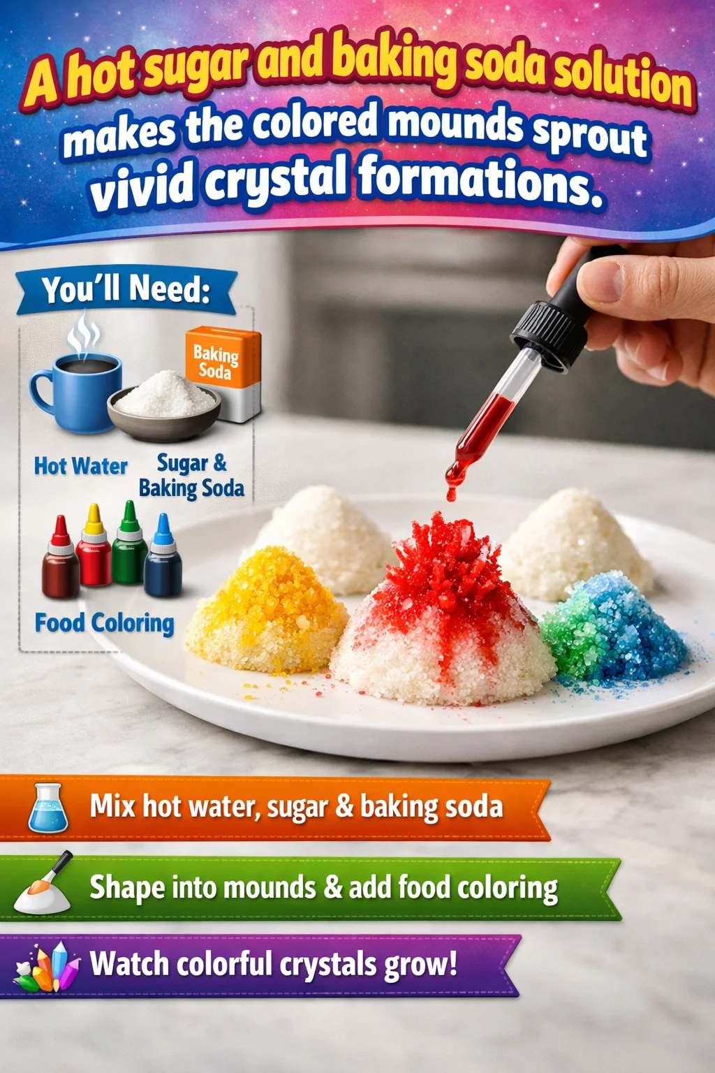 A hot sugar and baking soda solution makes the colored mounds sprout ...