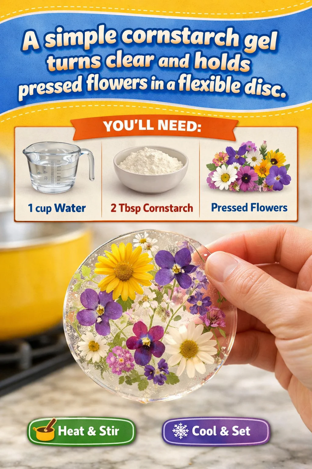 A simple cornstarch gel turns clear and holds pressed flowers in a ...