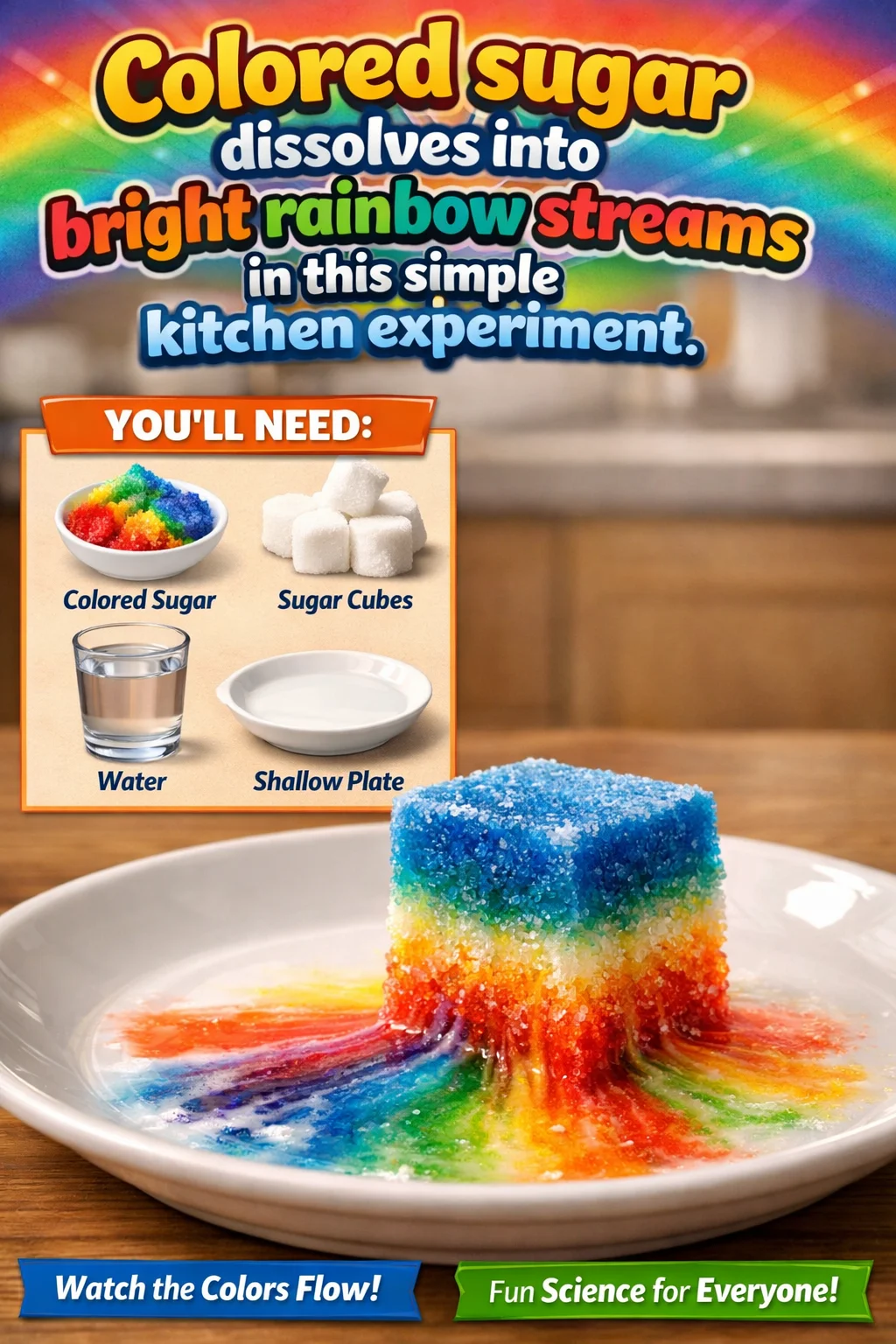 Colored sugar dissolves into bright rainbow streams in this simple ...