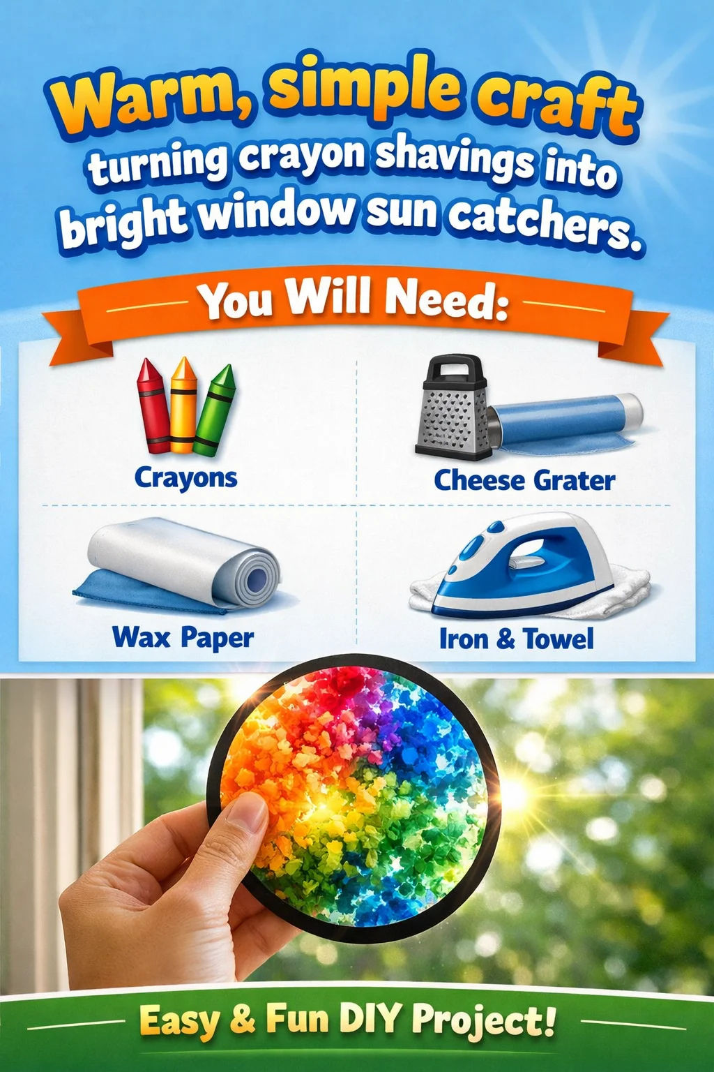 Warm, simple craft turning crayon shavings into bright window sun catchers.